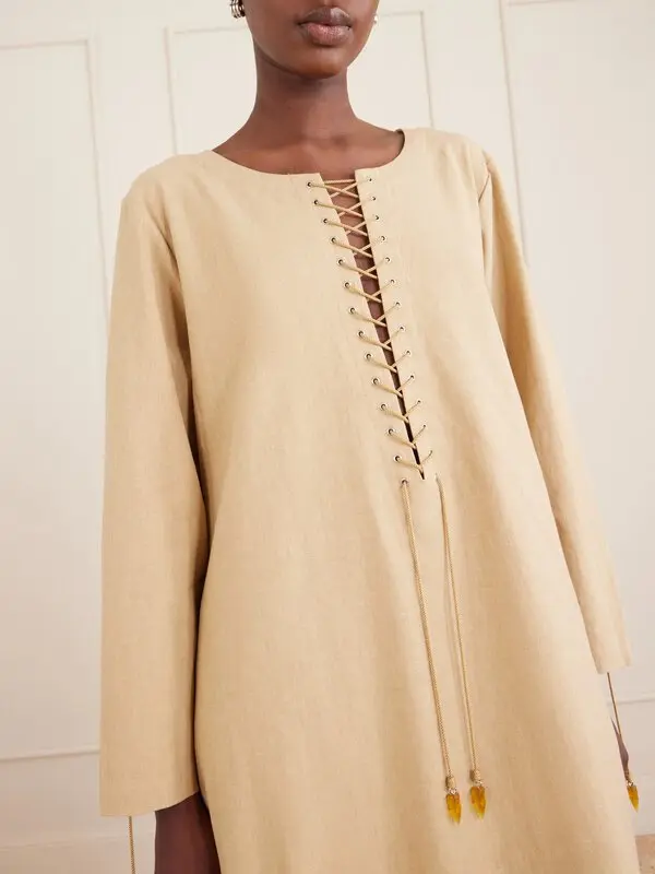 Tory Burch Lace-up Linen-blend Kaftan - Neutrals