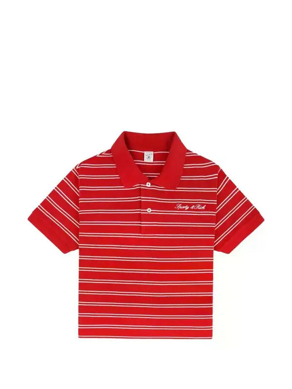 SPORTY & RICH Logo Embroidered Striped Polo Top - Red