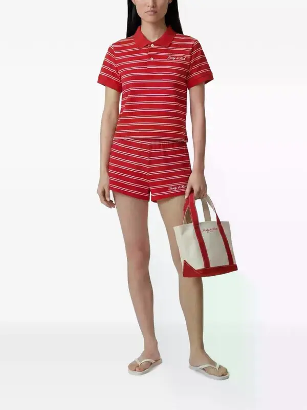 SPORTY & RICH Logo Embroidered Striped Polo Top - Red