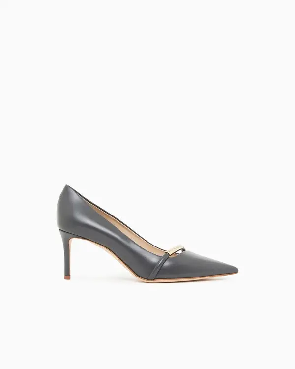 Giorgio Armani Pointed Leather Pumps With Metallic Strap - Grey
