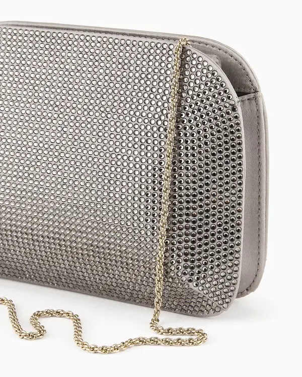 Giorgio Armani Rhinestone Embellished Satin Clutch With Chain Strap - Grey
