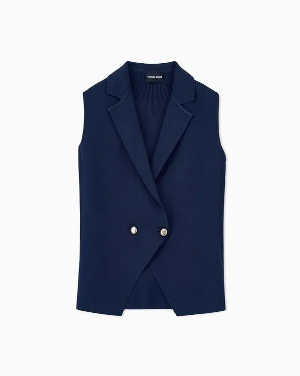 Giorgio Armani Viscose Knit Vest With Ribbed Texture And Lapel - Blue