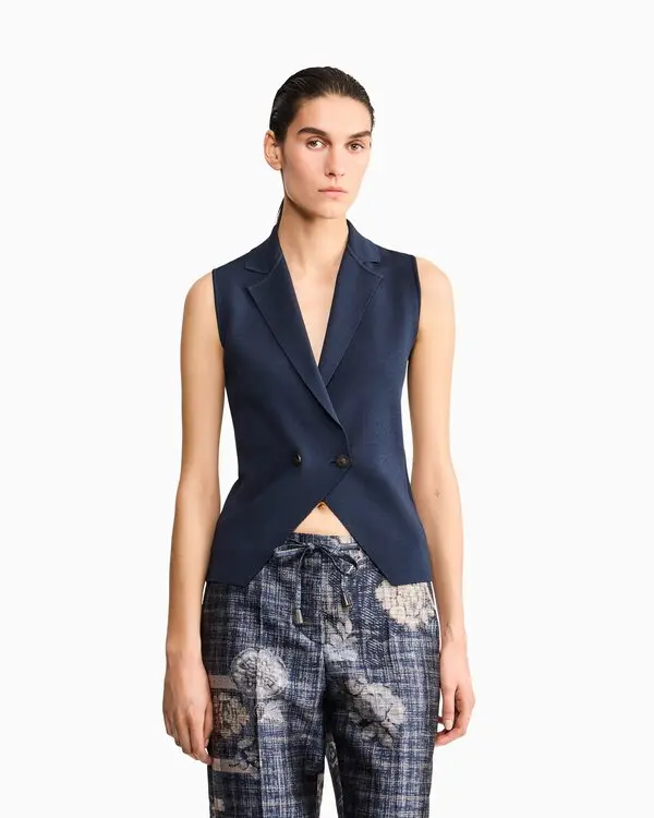 Giorgio Armani Viscose Knit Vest With Ribbed Texture And Lapel - Blue