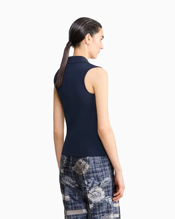 Giorgio Armani Viscose Knit Vest With Ribbed Texture And Lapel - Blue