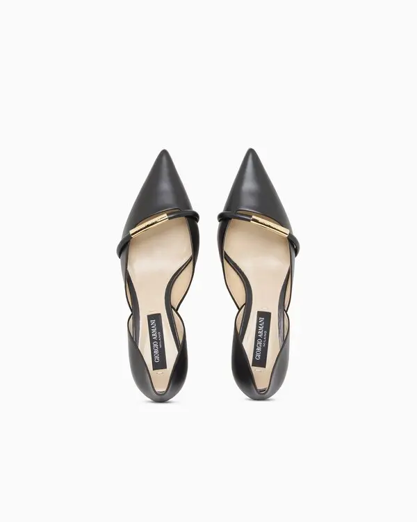 Giorgio Armani Pointed Toe Leather Pumps With Strap And Low Heel - Black