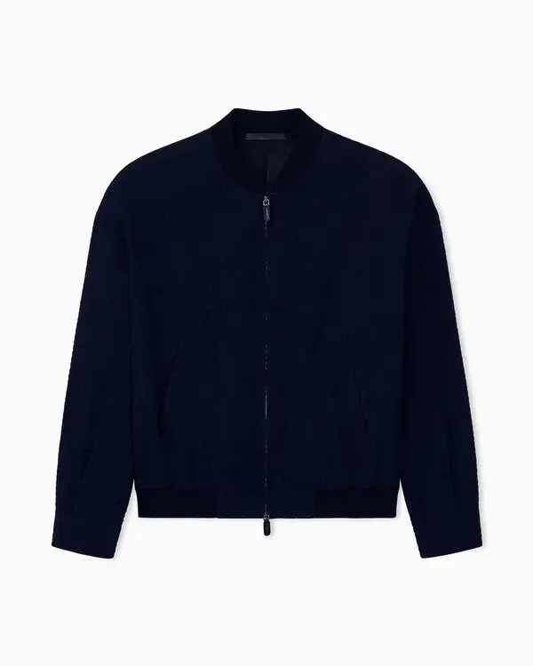 Giorgio Armani Seersucker Viscose Bomber Jacket With Ribbed Trims - Blue