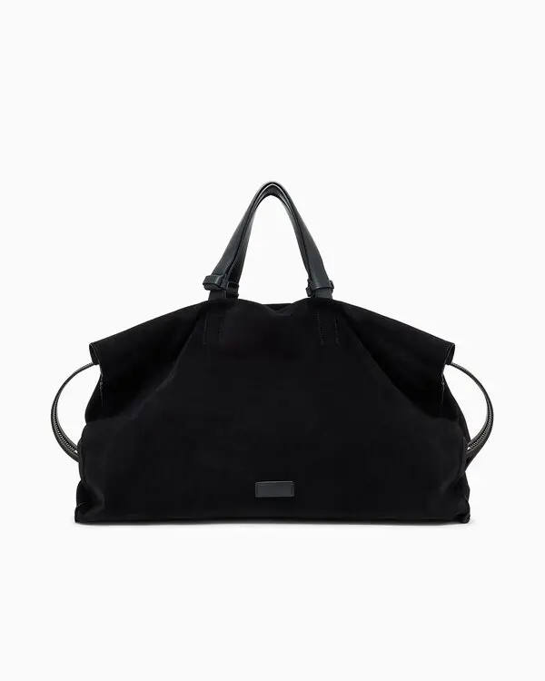 Giorgio Armani Suede Travel Duffel Bag With Leather Handles - Black