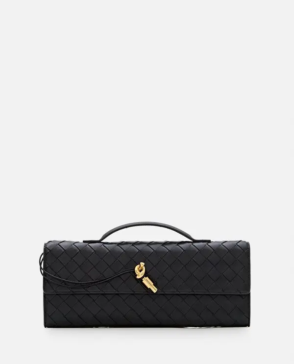 Bottega Veneta Intrecciato Leather Clutch With Gold-tone Knot Closure - Black
