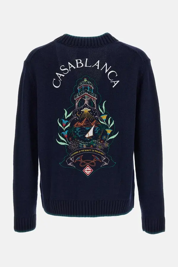 Casablanca Hotel Cardigan V-neck Knit With Embroidered Appliqu - Blu