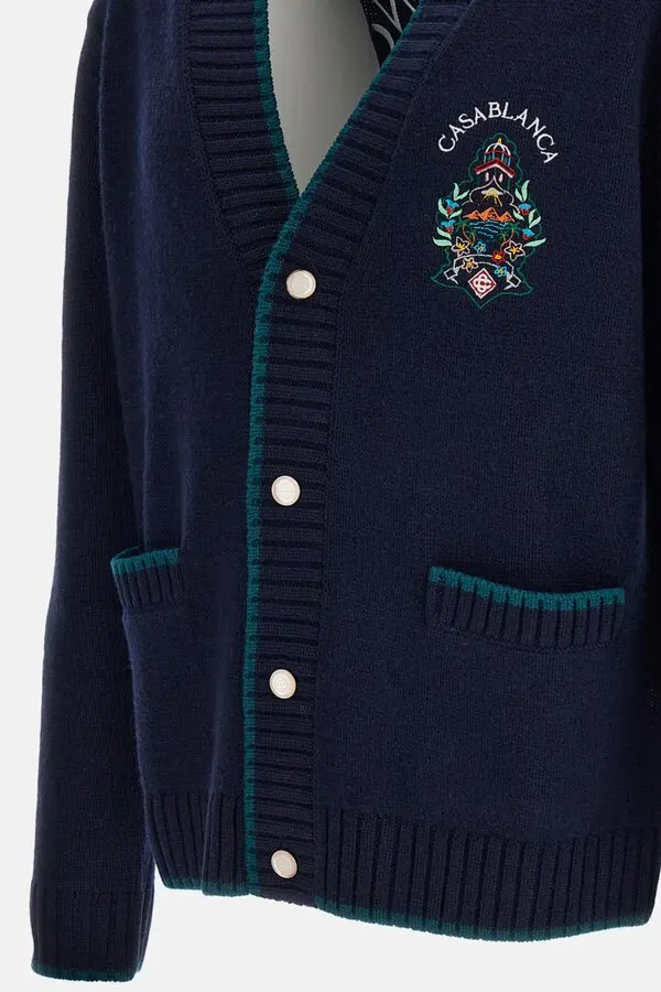 Casablanca Hotel Cardigan V-neck Knit With Embroidered Appliqu - Blue