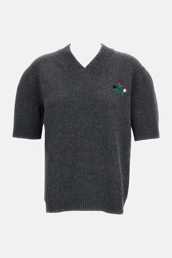 Marni Short Sleeve V-neck Knit T-shirt With Floral Graphic - Grey