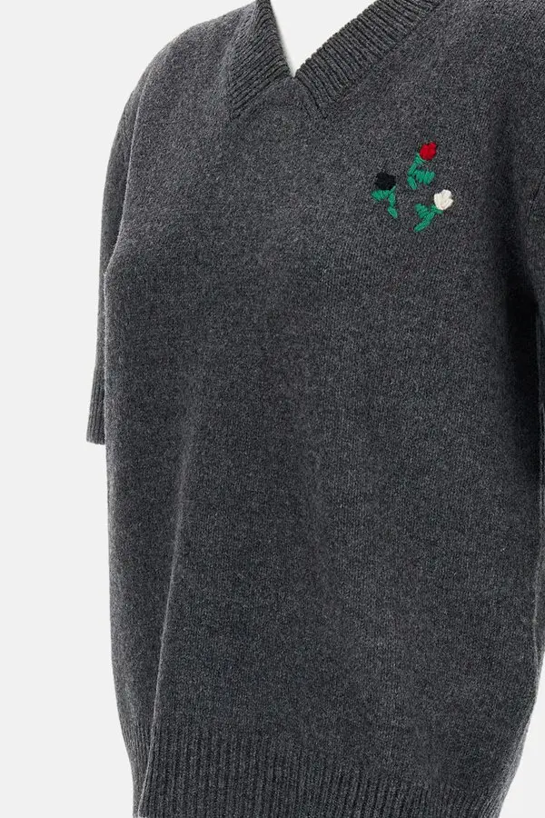 Marni Short Sleeve V-neck Knit T-shirt With Floral Graphic