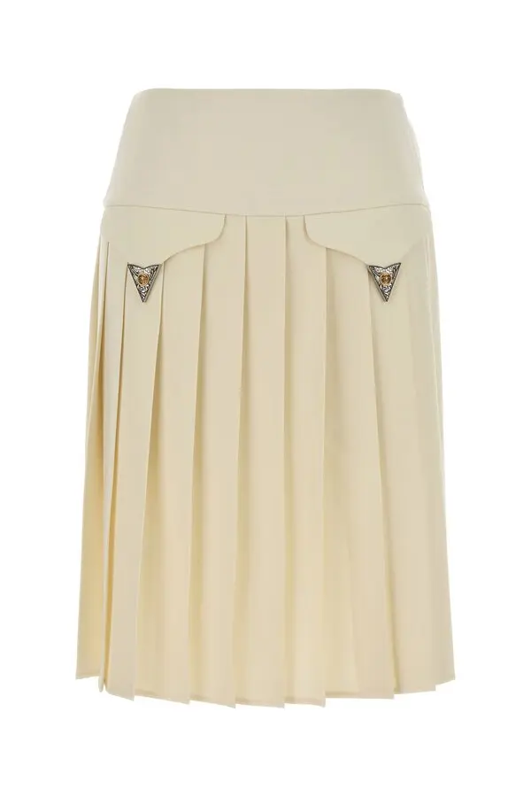 Versace Ivory Stretch Wool Pleated Midi Skirt - White