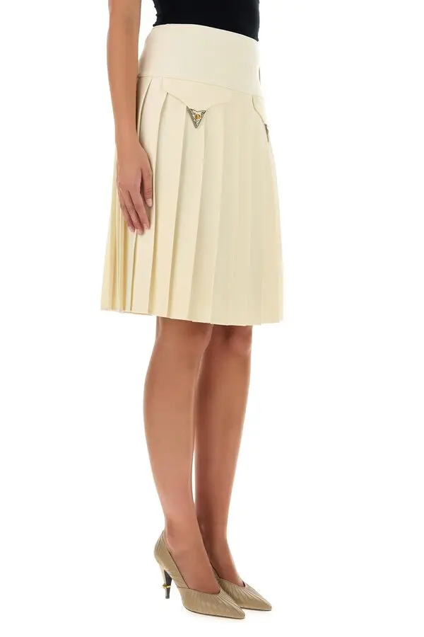 Versace Ivory Stretch Wool Pleated Midi Skirt - White