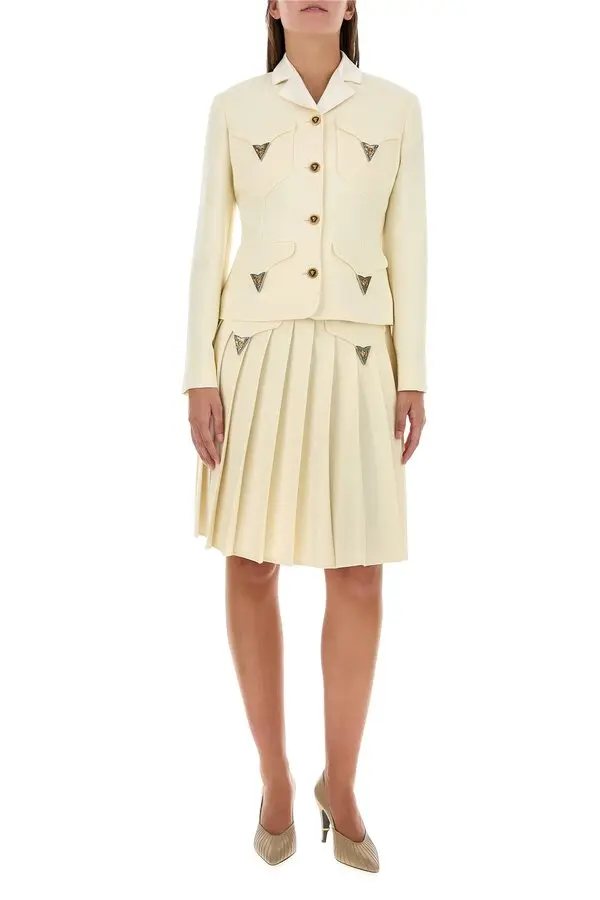 Versace Ivory Stretch Wool Pleated Midi Skirt - White