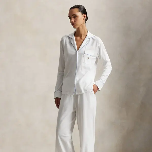 Ralph Lauren Knit Oxford Shirt & Pant Pajama Set - White Cloud