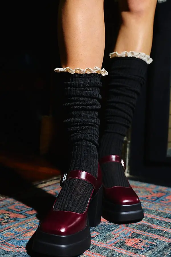 Free People Ribbed Knit Knee-high Socks With Crochet Trim - Black