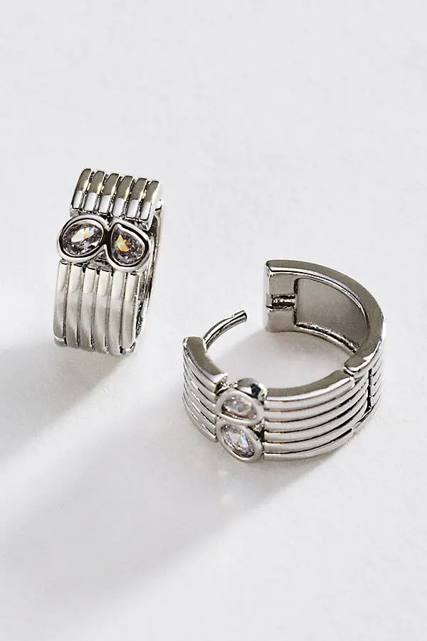 Anthropologie Ribbed Crystal Huggie Earrgs - Silver