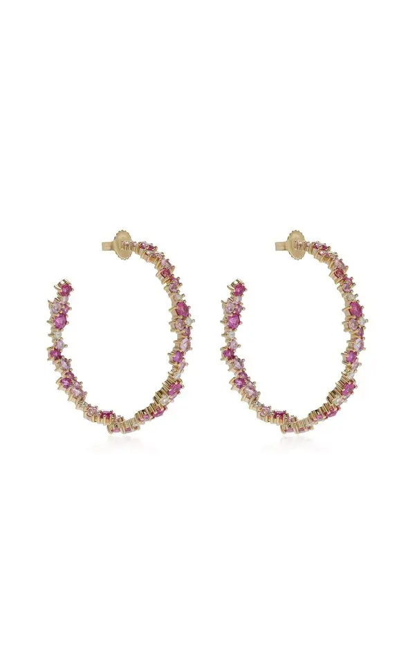 SYDNEY EVAN Large Cocktail 14k Gold Diamond And Sapphire Hoop Earrings - Pink