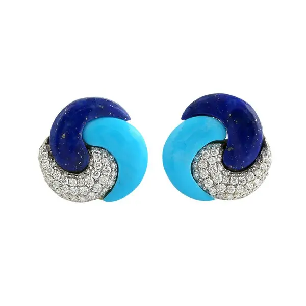 ARTISAN White / Blue 14k White Gold Diamond, Turquoise & Lapis Lazuli Swirl Stud Earrings - White/blue