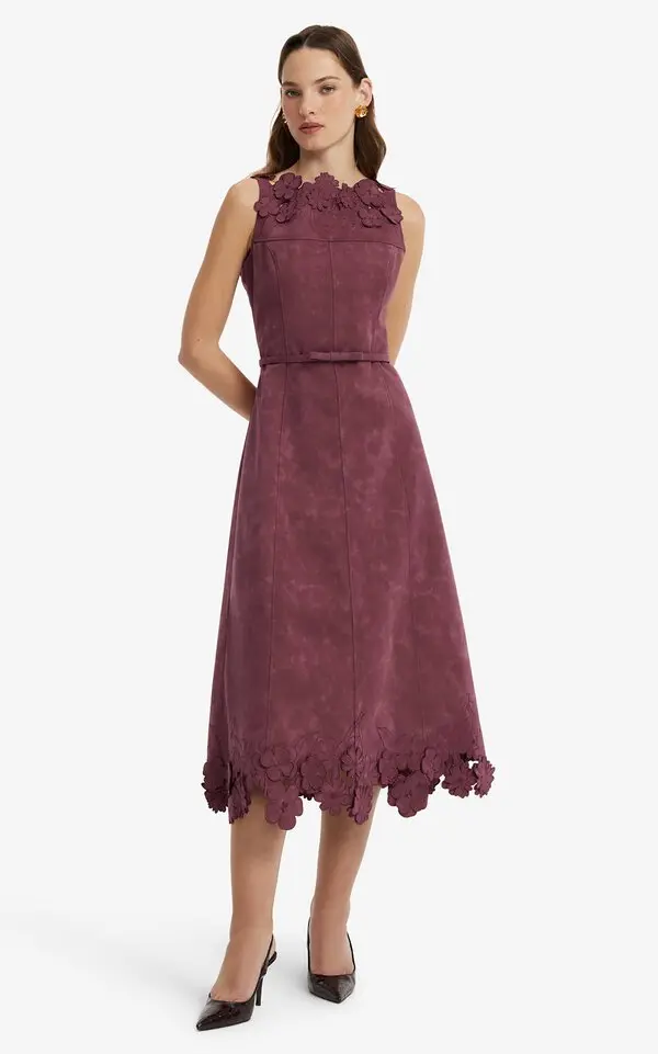 LEO LIN Applique Vegan Suede Midi Dress