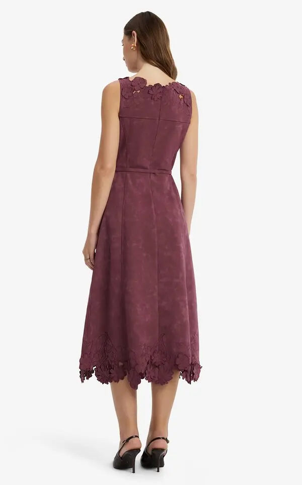 LEO LIN Applique Vegan Suede Midi Dress