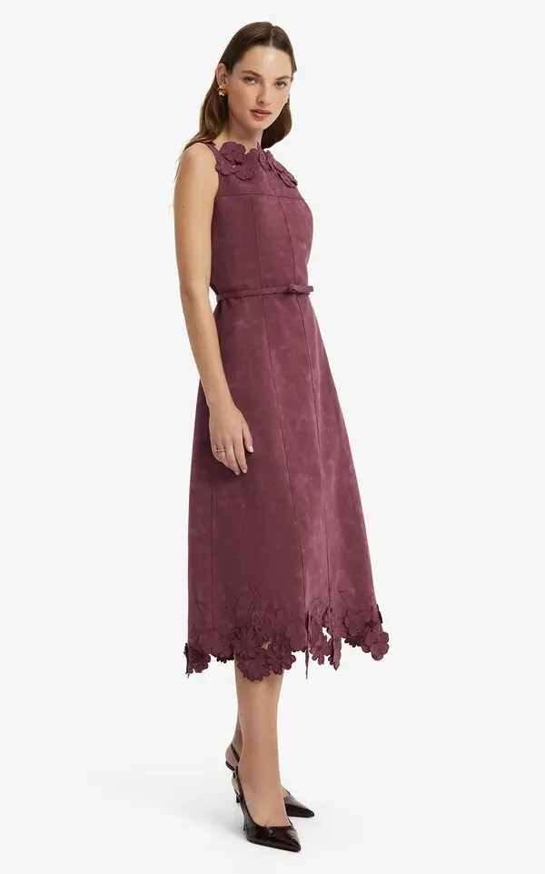 LEO LIN Applique Vegan Suede Midi Dress