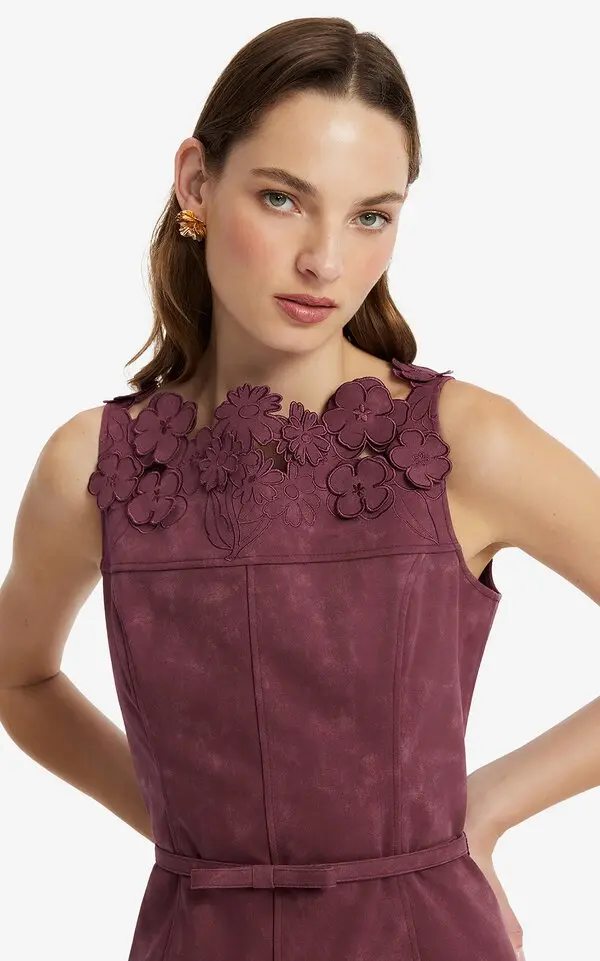 LEO LIN Applique Vegan Suede Midi Dress