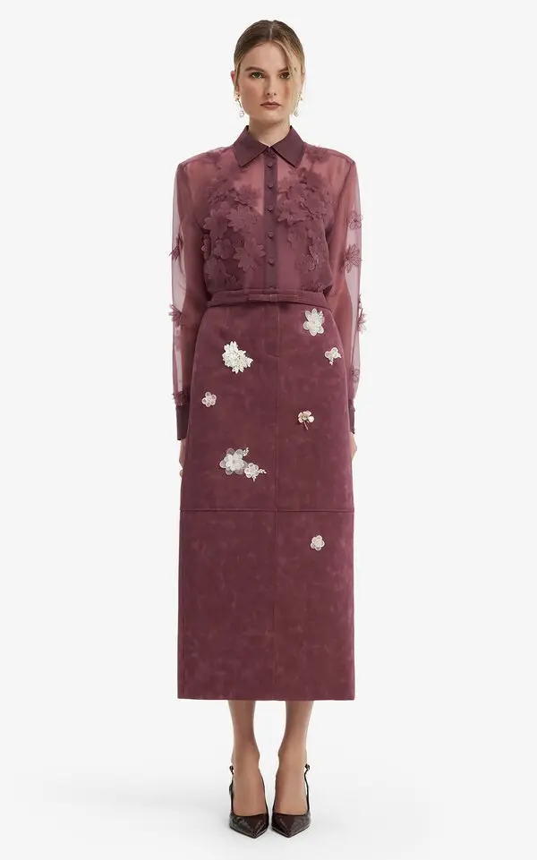 LEO LIN Embellished Vegan Suede Maxi Skirt