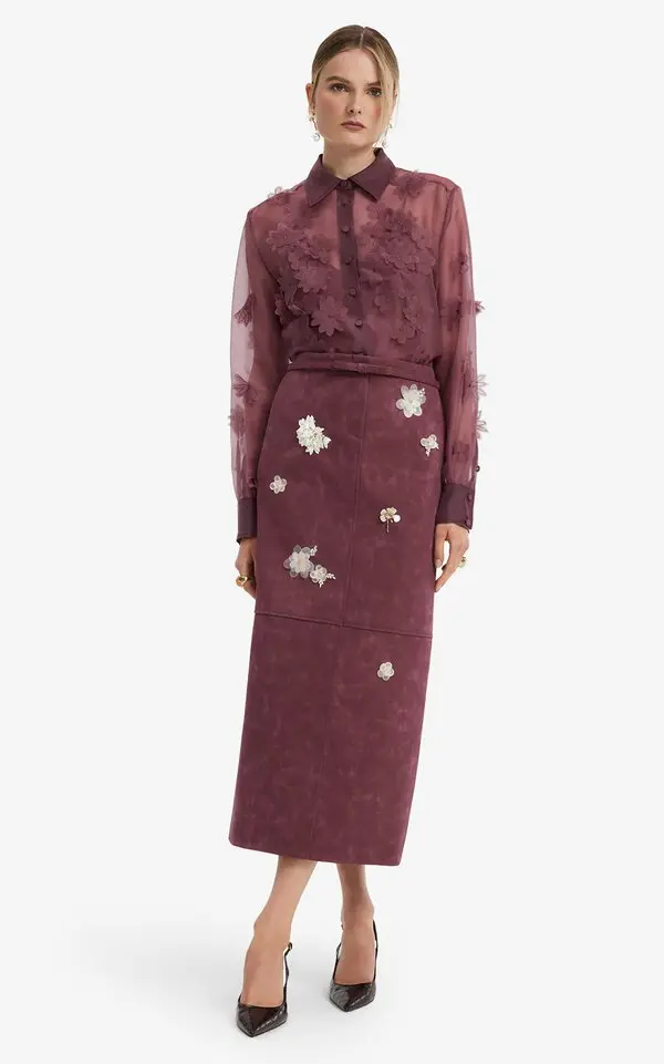 LEO LIN Embellished Vegan Suede Maxi Skirt