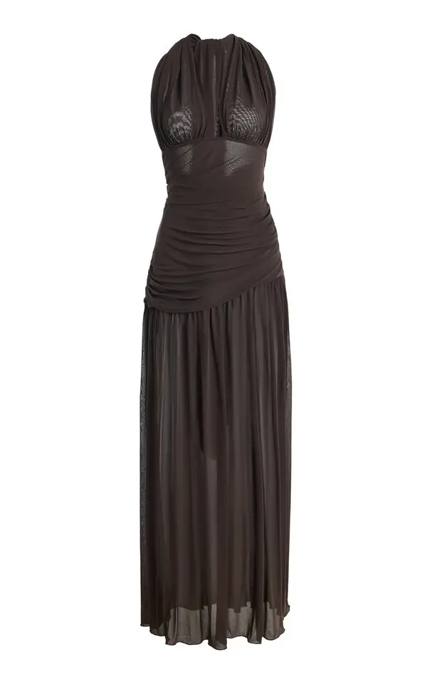MORE NOIR Halterneck Plunge Pleated Maxi Dress - Brown