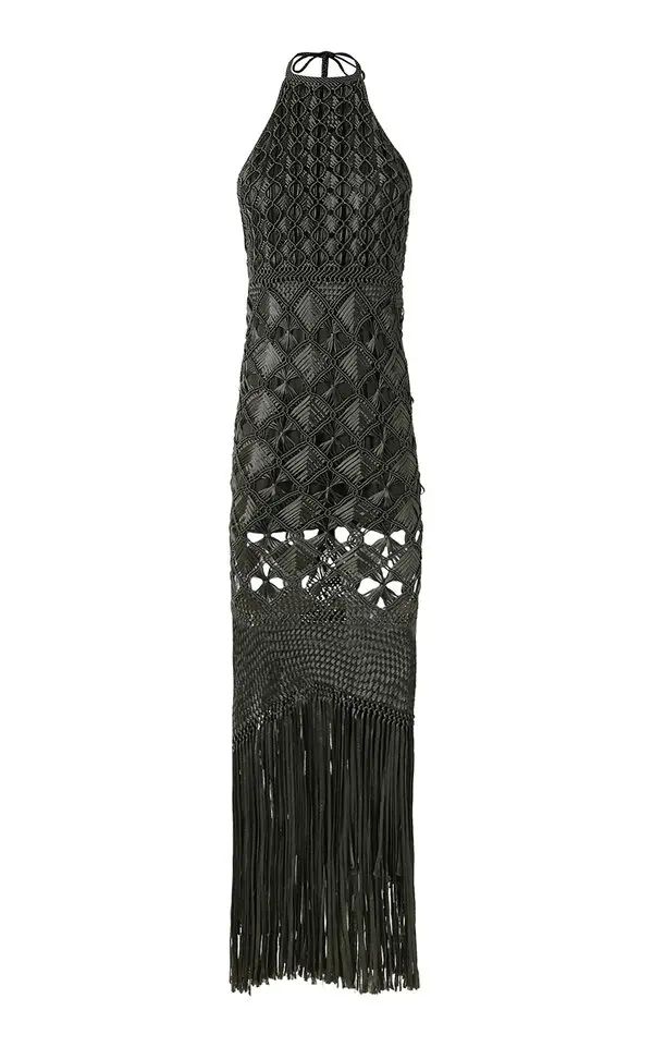 PALMA CANARIA Lia Handwoven Macramé Fringe Maxi Dress - Dark Green