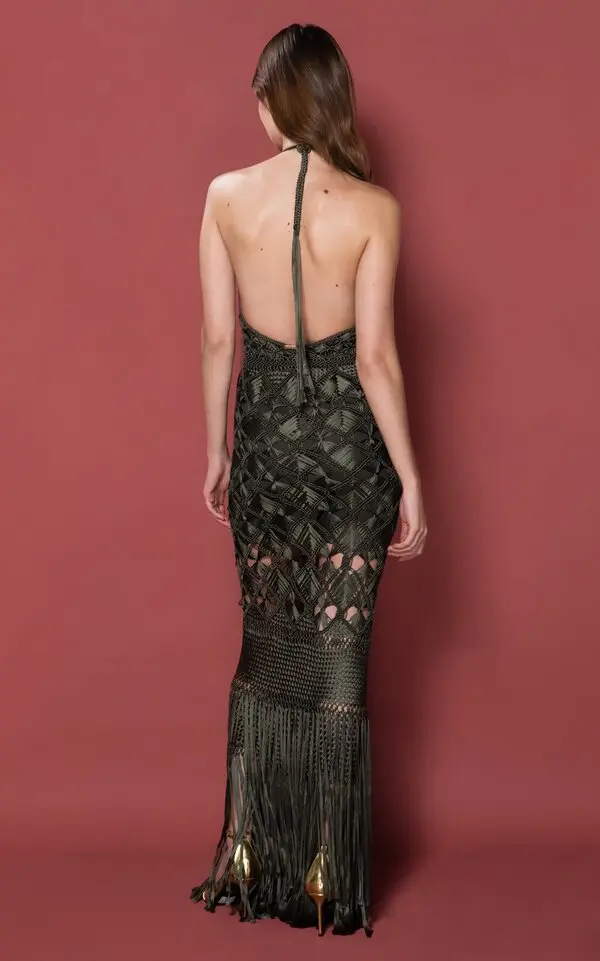 PALMA CANARIA Lia Handwoven Macramé Fringe Maxi Dress