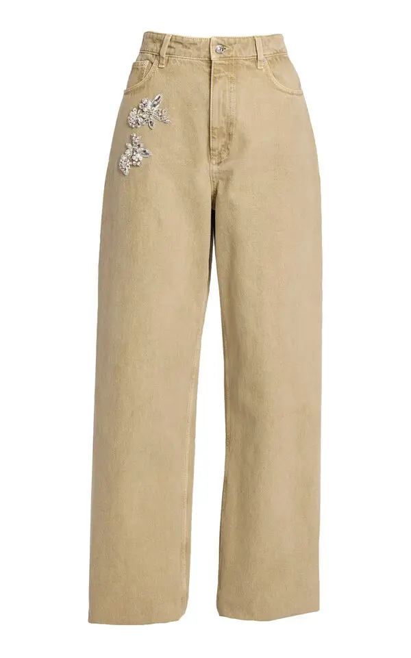 Erdem Embroidered Denim Wide-leg Jeans - Olive