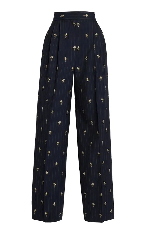 Erdem Embroidered Wool-blend Wide-leg Pants - Navy