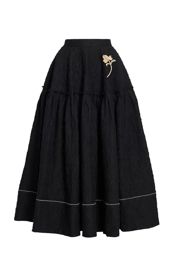 Erdem Flower-detailed Cotton-cloque Maxi Skirt - Black