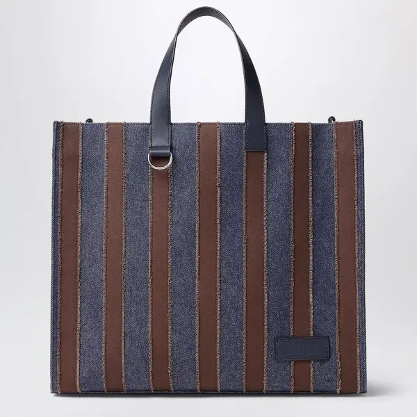 Fendi Shopper Bag In Dark Blue Denim And Brown Canvas - Multicolor