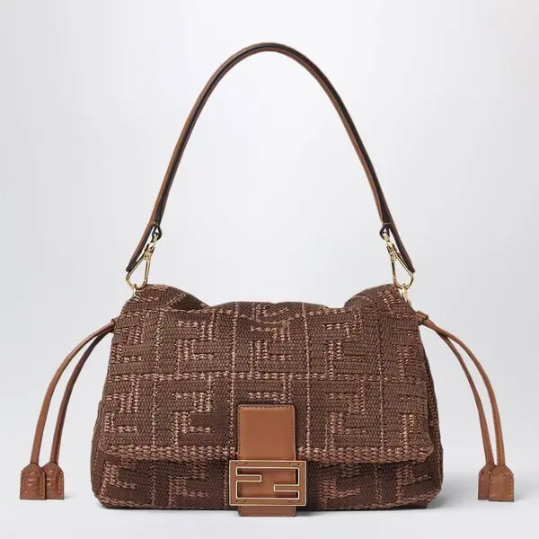 Fendi Medium Baguette Bag In Woven Raffia With Ff Sellier Embroidery - Brown