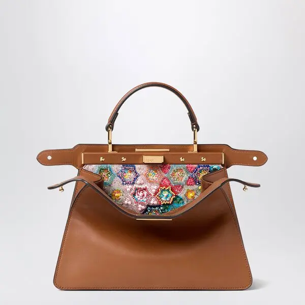Fendi Small Peekaboo Bag In Leather With Multicoloured Beads - Brown