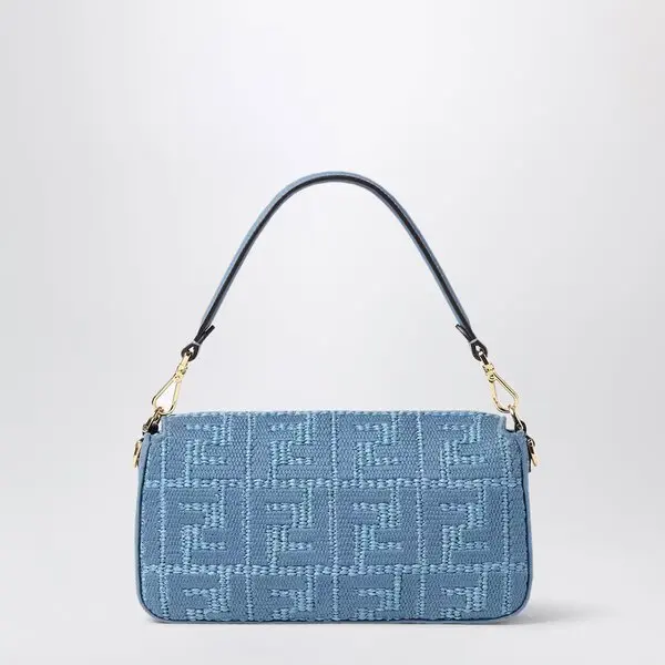 Fendi Woven Raffia Ff Embroidery Baguette Bag - Blue
