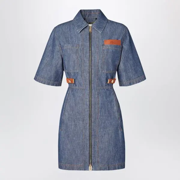 Fendi Short Sleeve Chambray Denim Dress - Blue