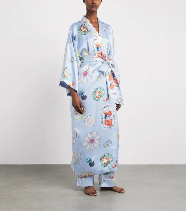 Olivia Von Halle Silk Queenie Cadiz Seafood Night Robe - Blue
