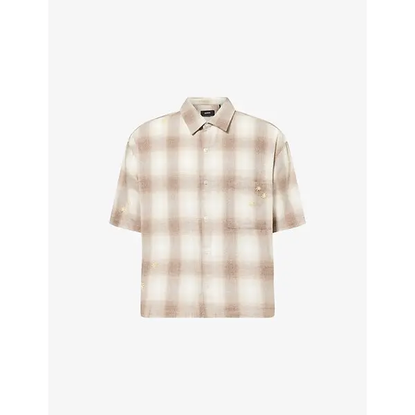 NAHMIAS Flower-embroidery Short-sleeve Check Cotton Flannel Shirt - Sand