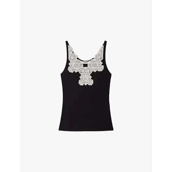 Sandro Ribbed Lace-embroidered Stretch-cotton Vest - Black
