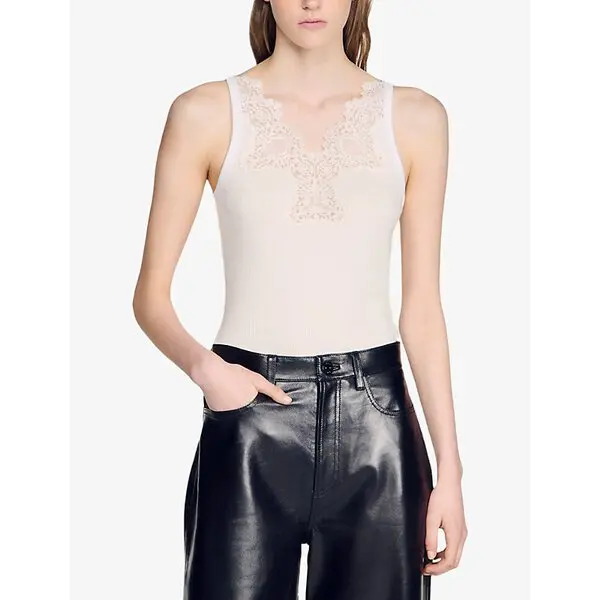 Sandro Ribbed Lace-embroidered Stretch-cotton Vest
