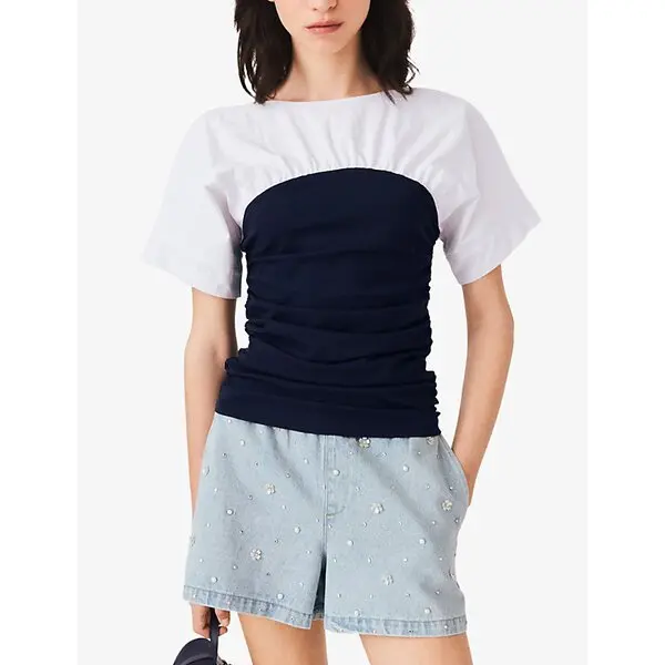 Maje Contrast-panel Pleated Stretch-jersey Top