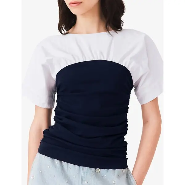 Maje Contrast-panel Pleated Stretch-jersey Top