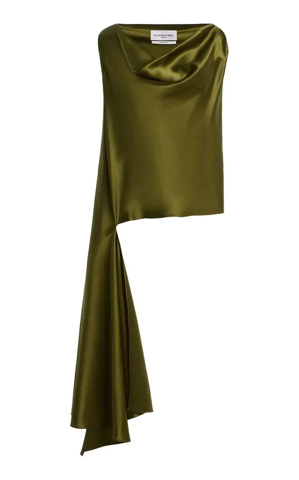 Brandon Maxwell Axel Asymmetrical Draped Silk Stretch Charmeuse Top - Olive