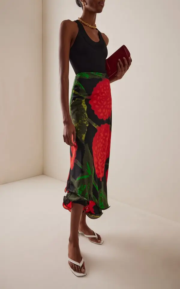 Brandon Maxwell Georgia Ripple Hem Silk Midi Skirt - Red