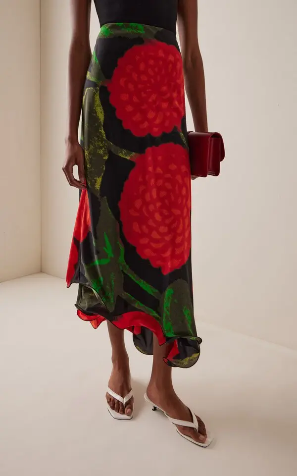 Brandon Maxwell Georgia Ripple Hem Silk Midi Skirt - Red